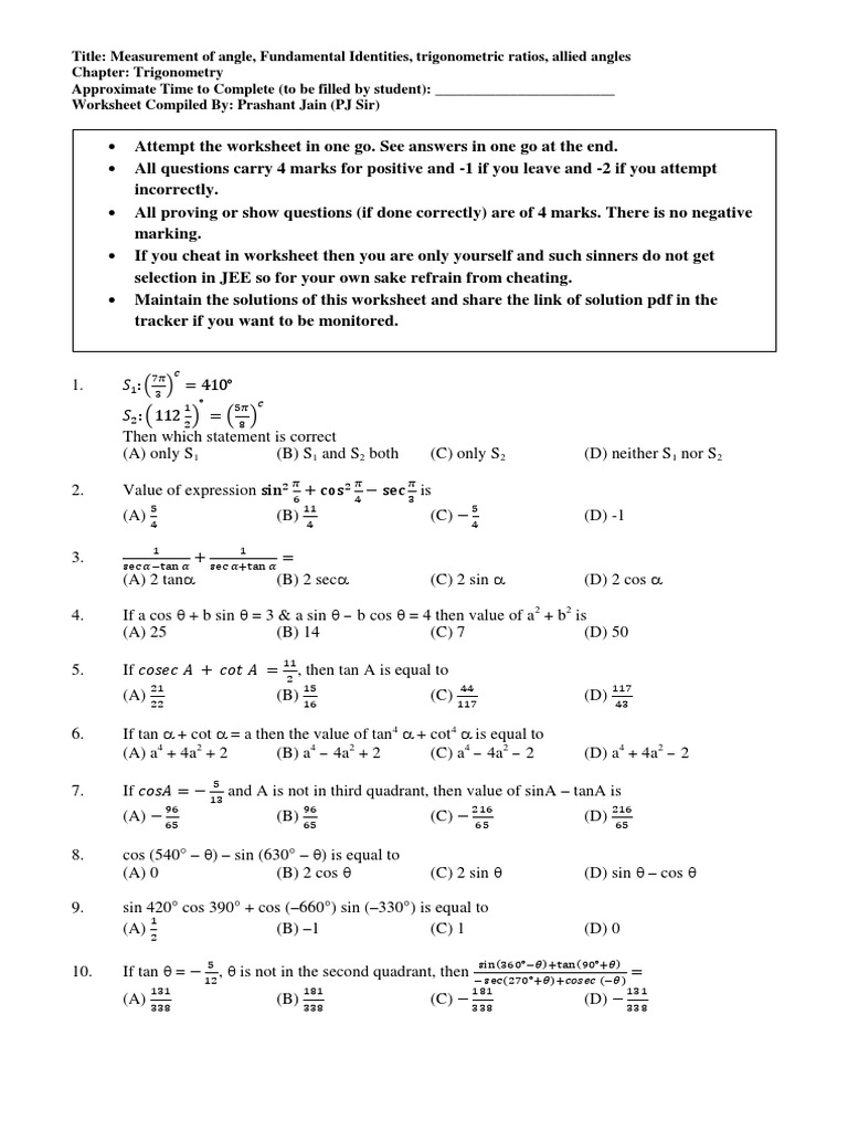 Worksheet-1 Trigonometry | PDF | Trigonometry | Sine