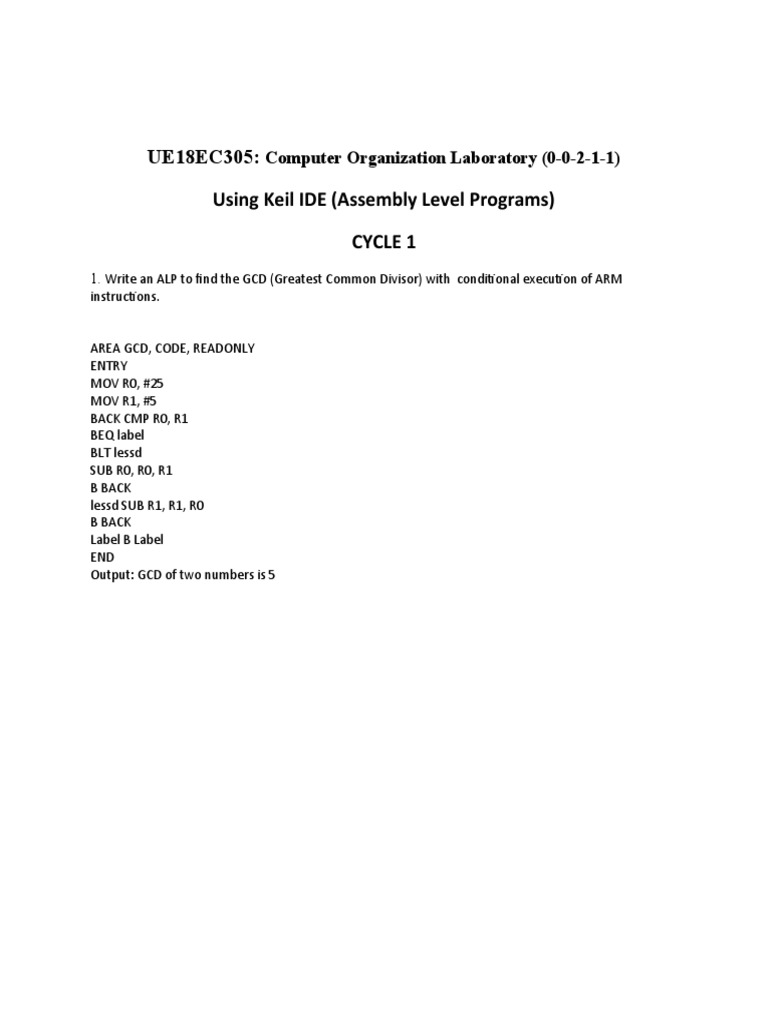 UE18EC305: Using Keil IDE (Assembly Level Programs) Cycle 1: Computer Organization Laboratory (0 ...