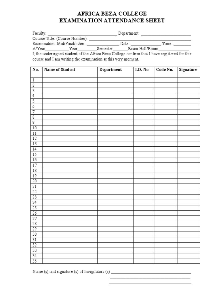 011 Examination Attendance Sheet | PDF