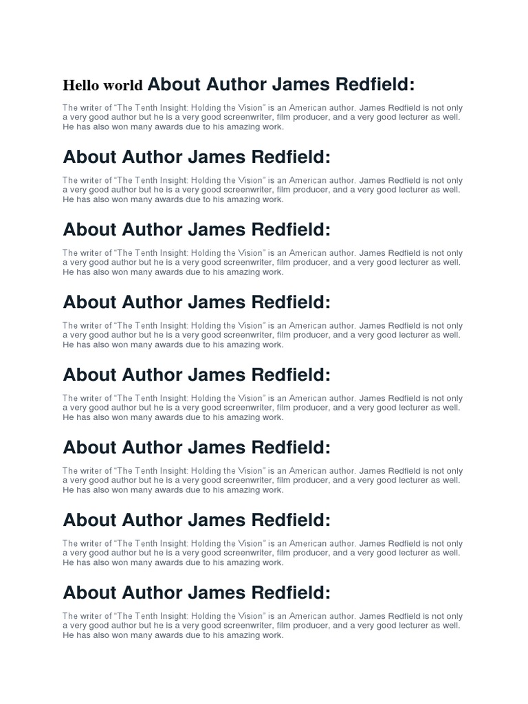 About Author James Redfield:: Hello World | PDF | Books | Writing
