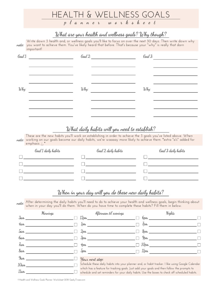 Oct 2018 Health and Wellness Goals Planner Worksheets PDF | PDF