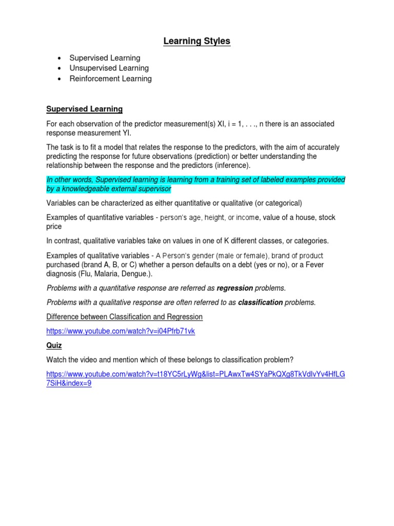 ML Week1 Learning Styles PDF | PDF | Statistical Classification | Dependent And Independent ...