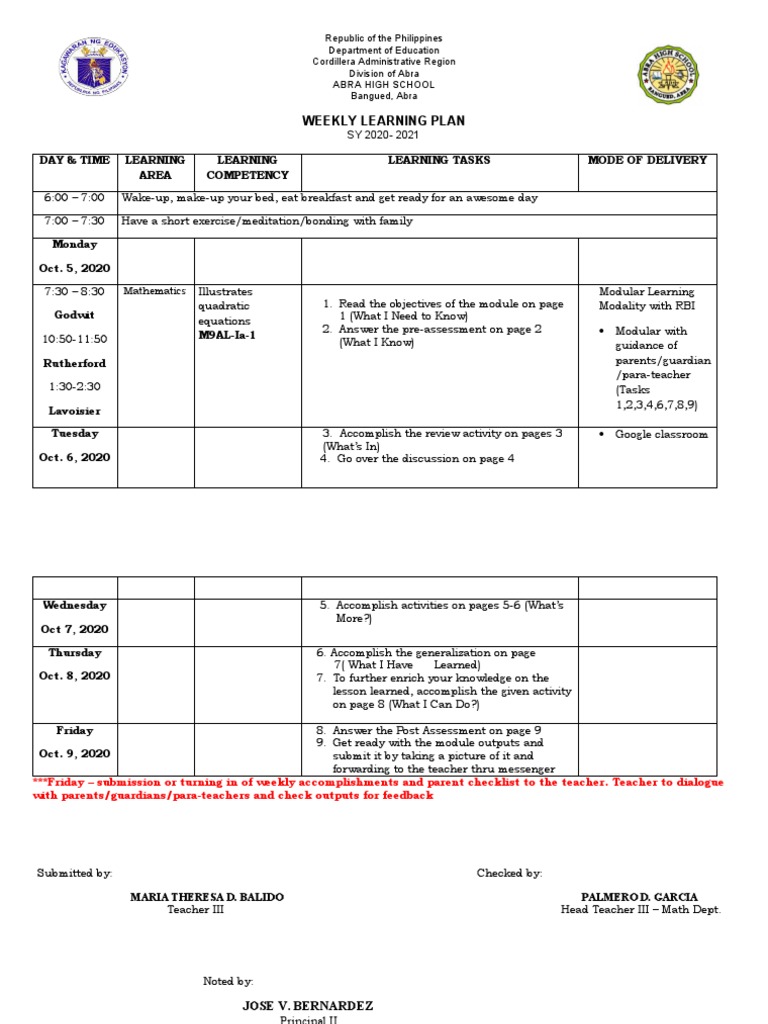 Weekly Learning Plan: Day & Time Learning Area Learning Competency Learning Tasks Mode of ...