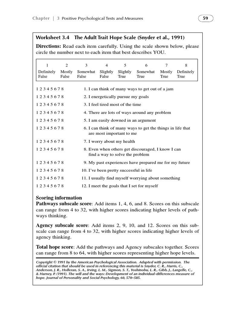 Worksheet 3.4 The Adult Trait Hope Scale (Snyder Et Al., 1991) | PDF ...