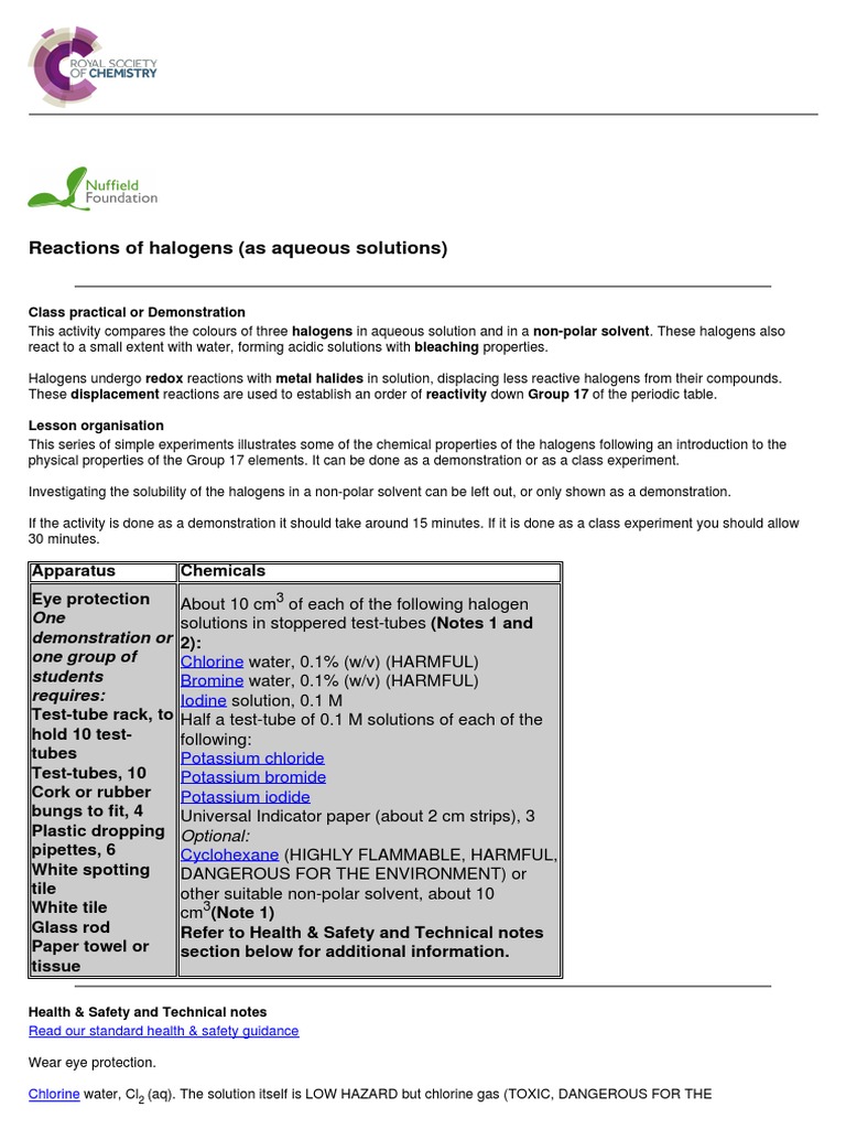 Reactions of Halogens (As Aqueous Solutions) | PDF | Iodine | Chlorine