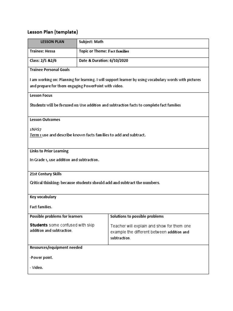 Lesson Plan (Template) : Term 1 Use and Describe Known Facts Families ...
