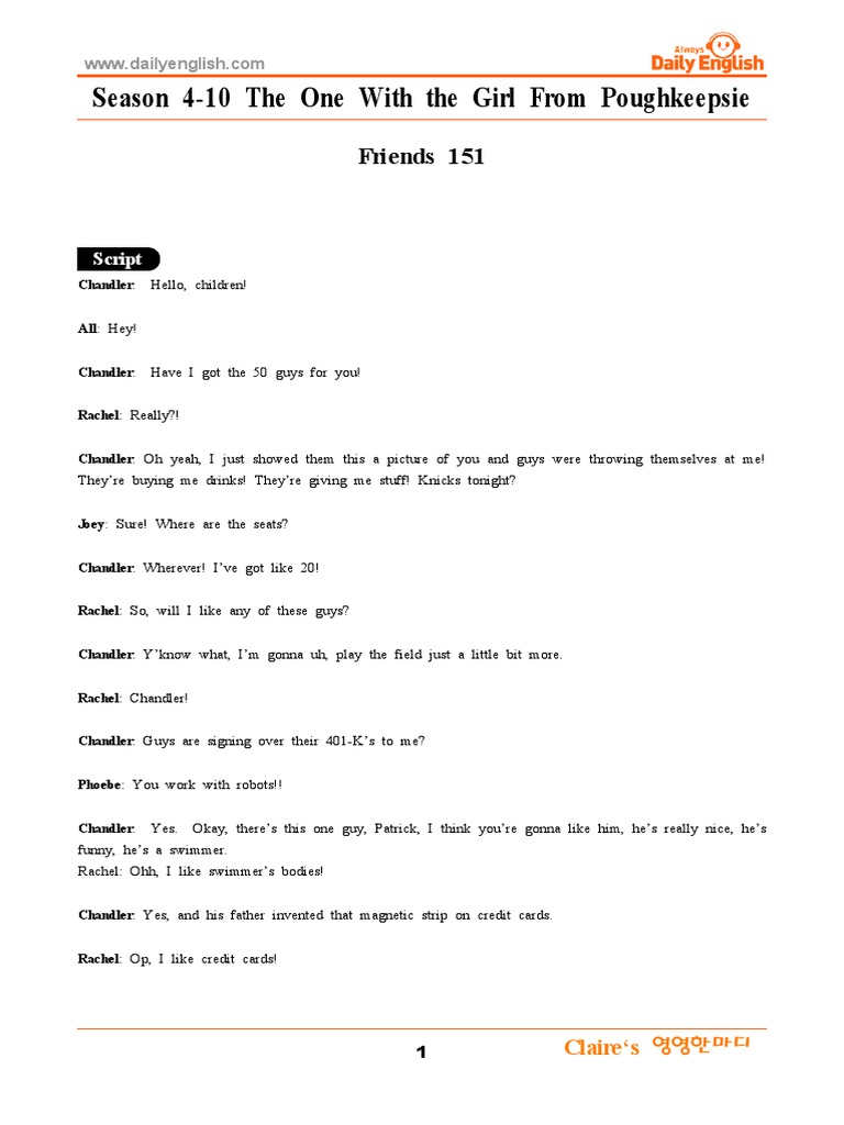 Season 4-10 The One With The Girl From Poughkeepsie: Friends 151 | PDF ...