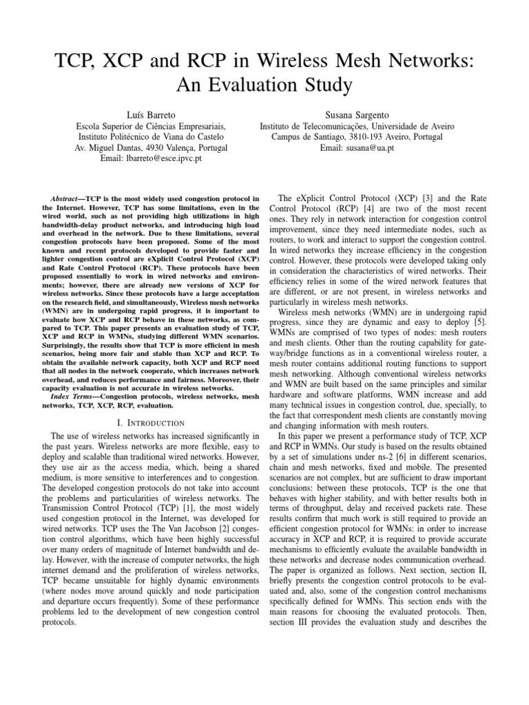 TCP, XCP and RCP in Wireless Mesh Networks: An Evaluation Study | PDF ...