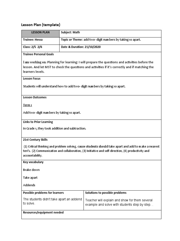 Lesson 15 Plan Add Two - Digit Numbers by Taking 10 Apart | Download ...