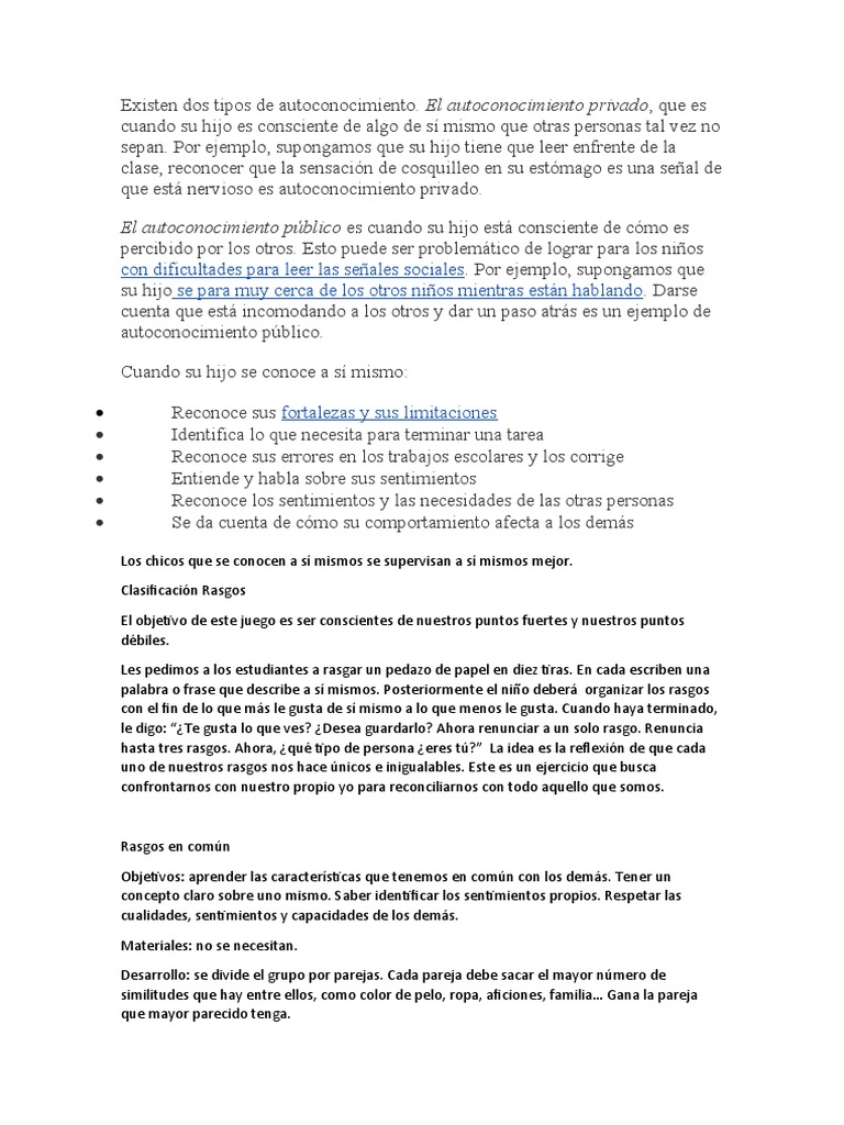 Autoconocimiento Niños | PDF | Conceptos psicologicos | Ciencias del comportamiento