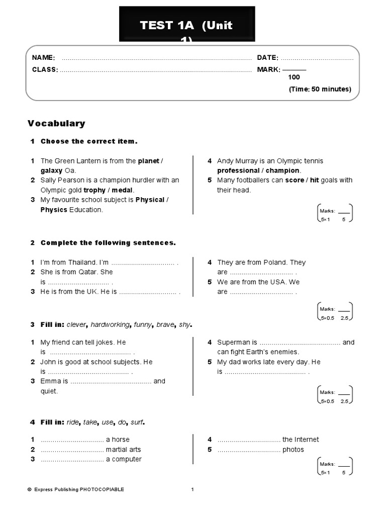 TEST 1A (Unit 1) : Vocabulary | PDF