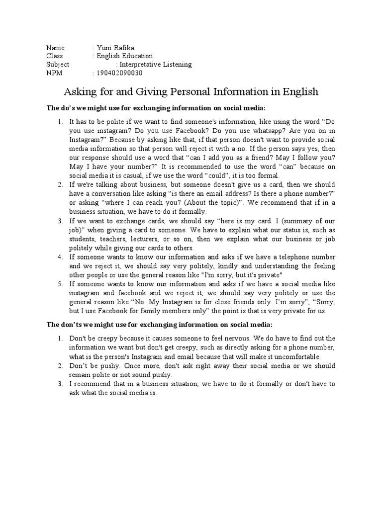 Asking For and Giving Personal Information in English (Yuni Rafika ...