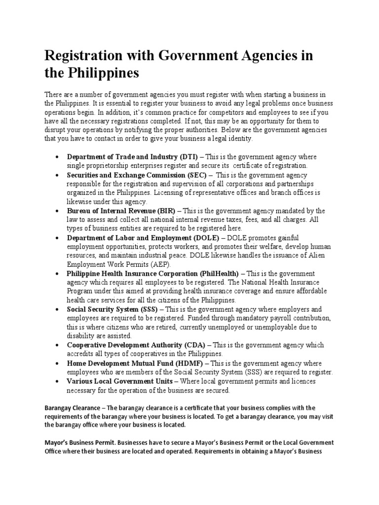 Registration With Government Agencies in The Philippines | PDF ...