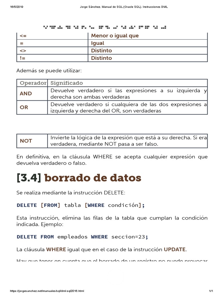 Jorge Sánchez. Manual de SQL (Oracle SQL) - Instrucciones DML | PDF