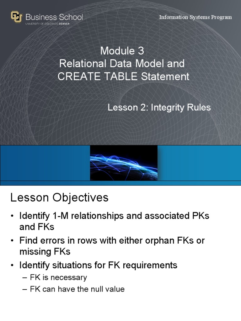 Relational Data Model and CREATE TABLE Statement: Lesson 2: Integrity Rules | PDF