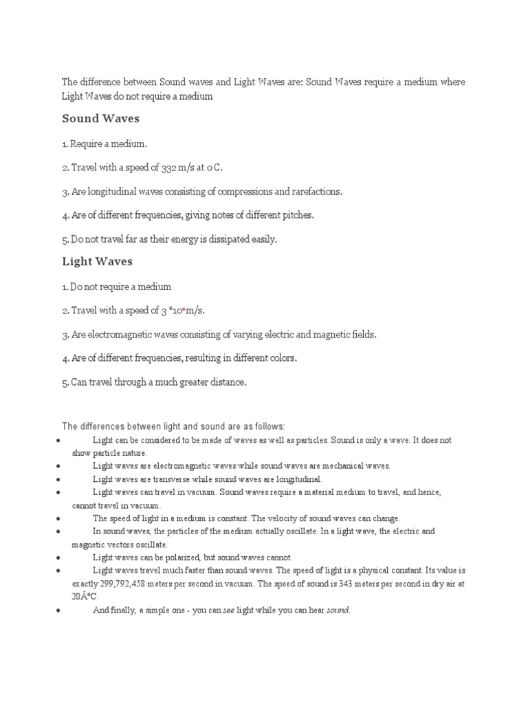 Differences Between Light and Sound Waves | PDF | Waves | Sound