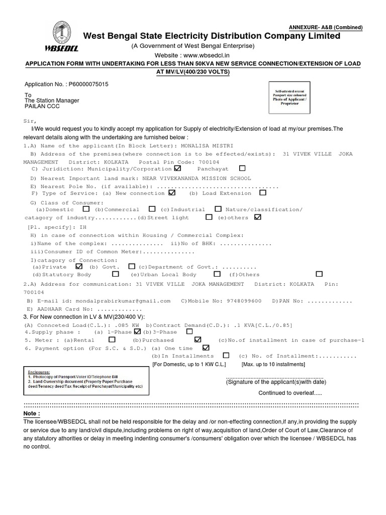 WBSEDCL New Connection Application Form | PDF | Electrical Wiring ...