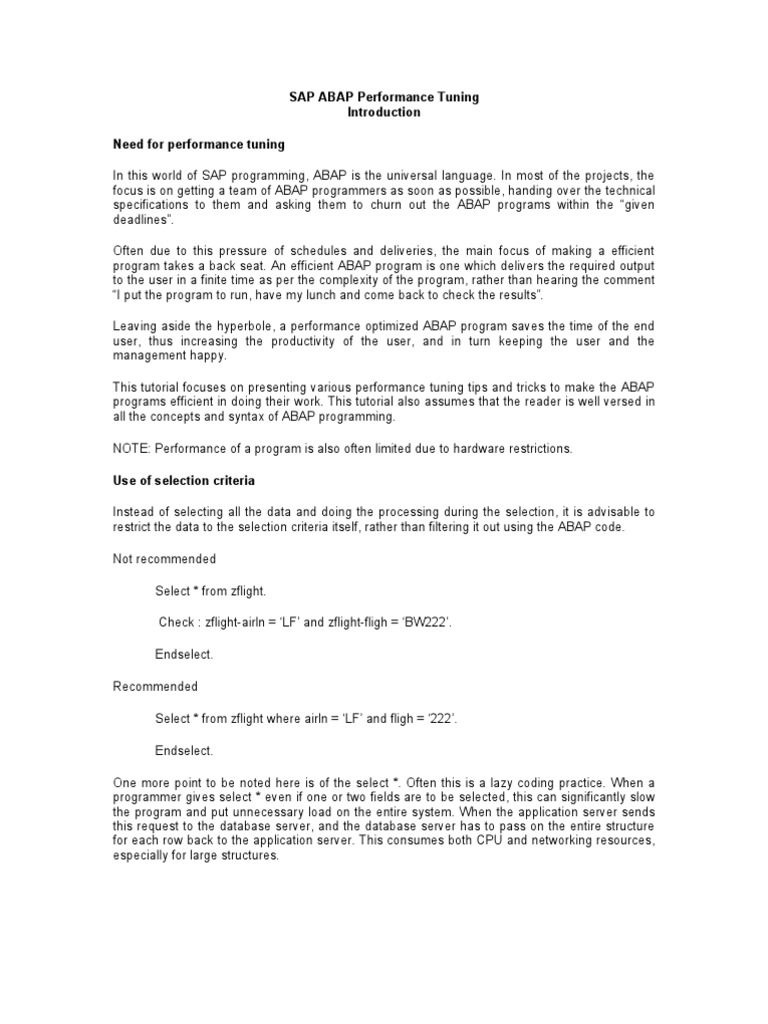 Sap Abap Performance Tuning Pdf Databases Computer Science
