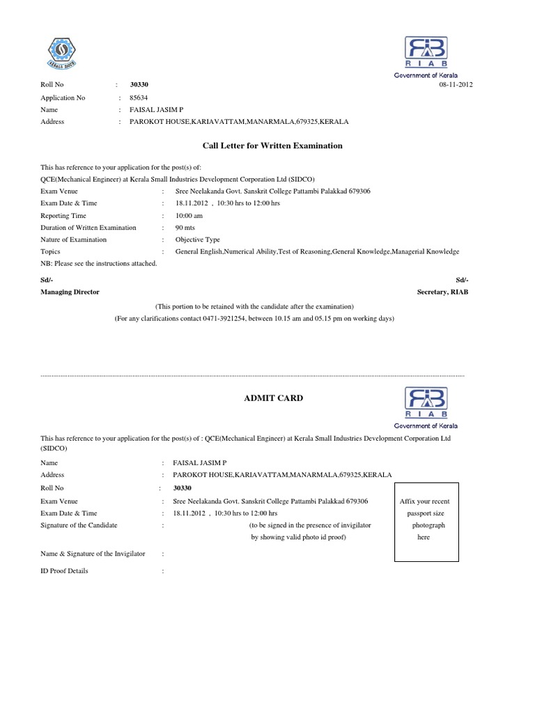 Call Letter For Written Examination: SD/-SD/ - Managing Director ...