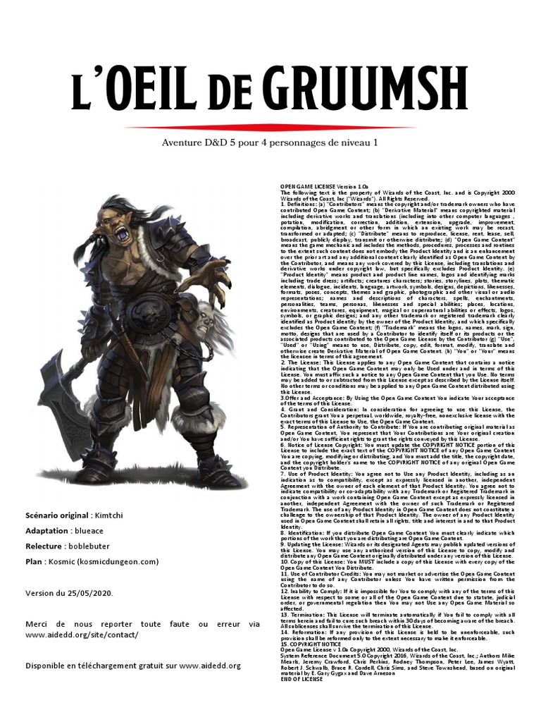 L'Oeil de Gruumsh: Aventure D&D 5 Pour 4 Personnages de Niveau 1 | PDF ...
