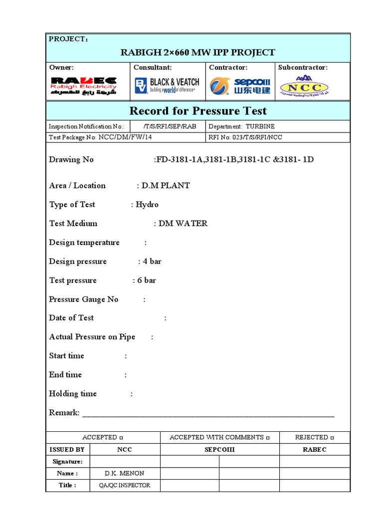 Record For Hydro Test | PDF | Dynamics (Mechanics) | Gas Technologies