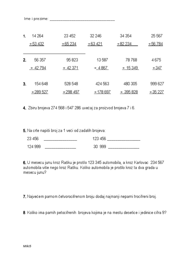 Pisano-Zbrajanje Brojeva Do Milion | PDF