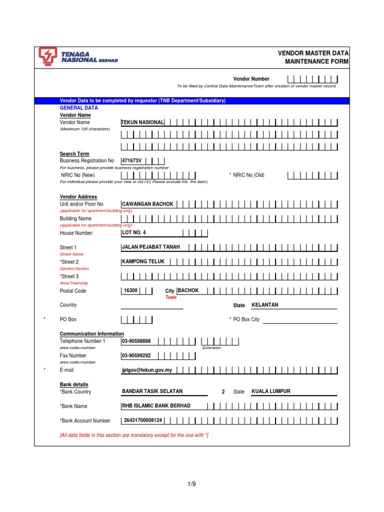 Vendor Data To Be Completed by Requestor (TNB Department/Subsidiary ...