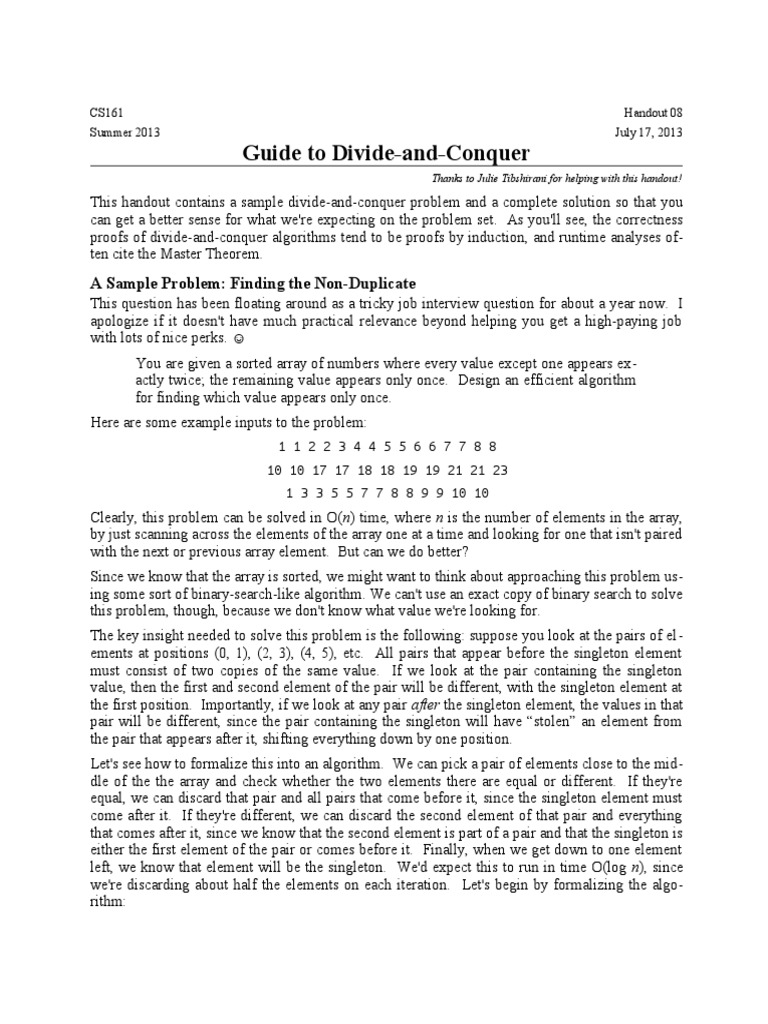 Guide To Divide-and-Conquer: A Sample Problem: Finding The Non-Duplicate | PDF | Recurrence ...