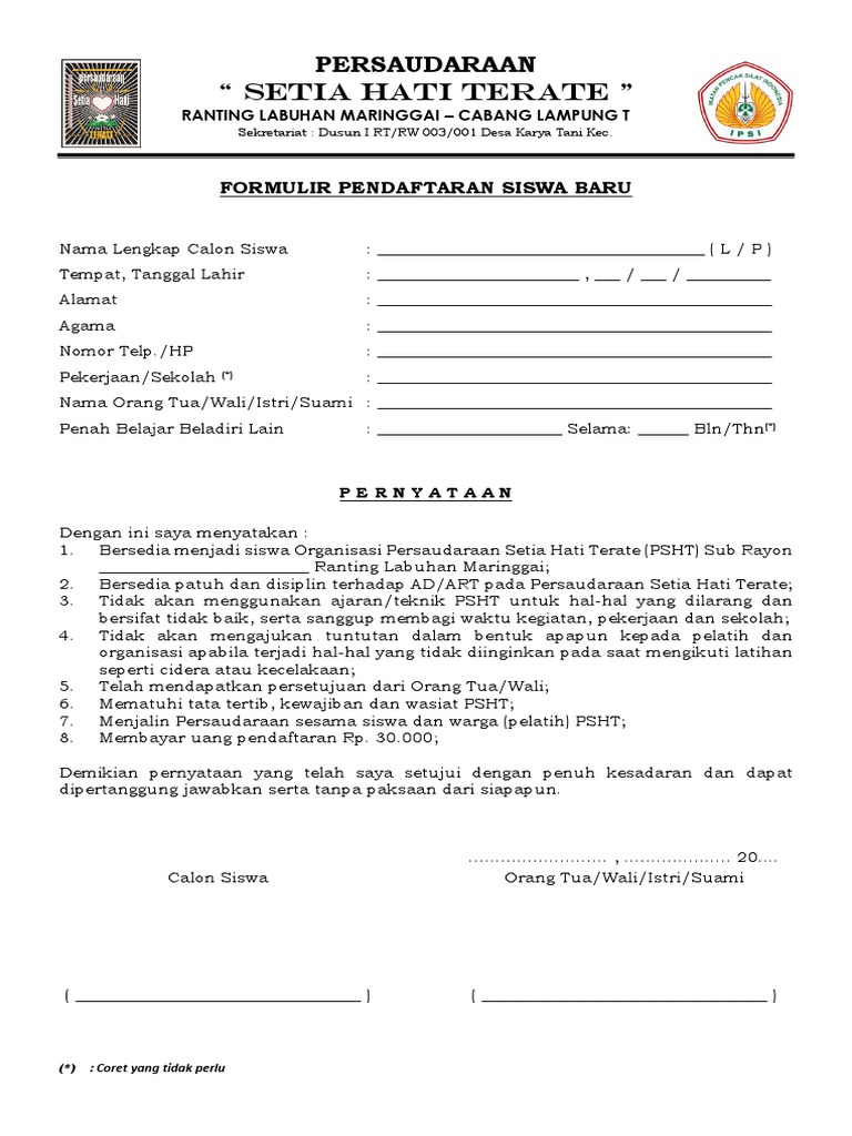 Formulir Pendaftaran Siswa Baru PSHT | PDF