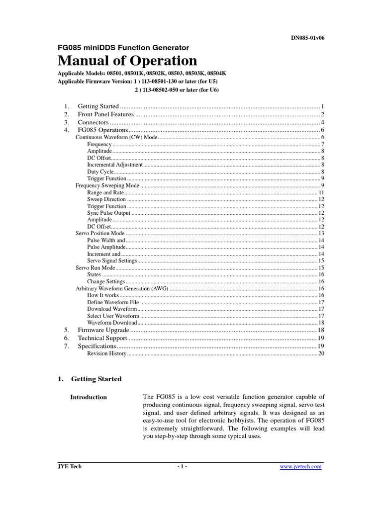 Manual of Operation: Fg085 Minidds Function Generator | PDF | Sampling (Signal Processing ...