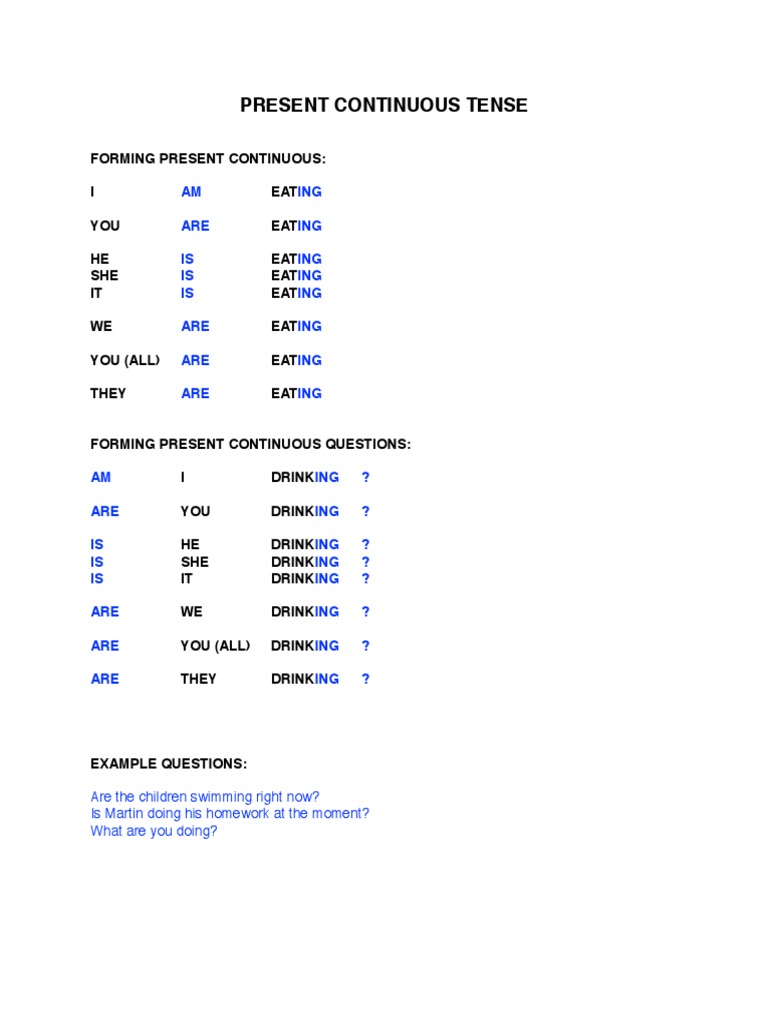 Present Continuous Tense: Forming Present Continuous: I EAT YOU EAT HE ...