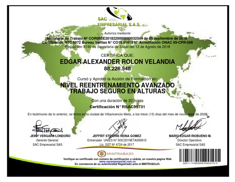Certificación de Edgar Rolón en Trabajo Seguro | PDF