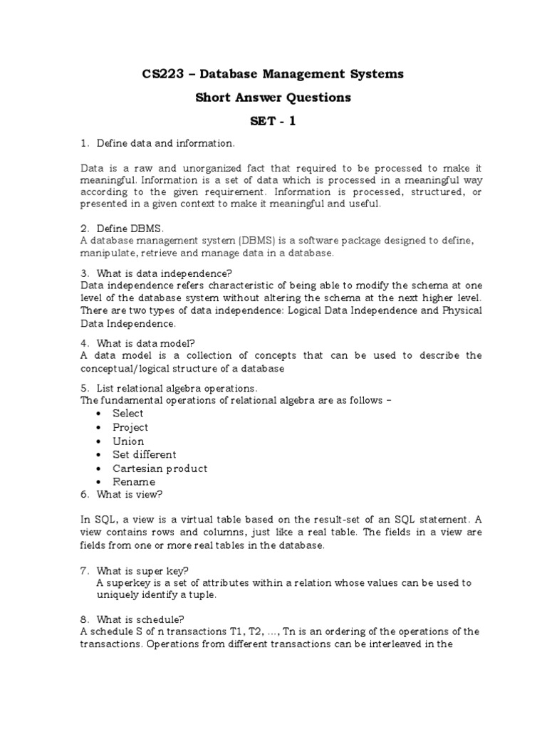 CS223 - Database Management Systems Short Answer Questions Set - 1 | PDF | Relational Database ...