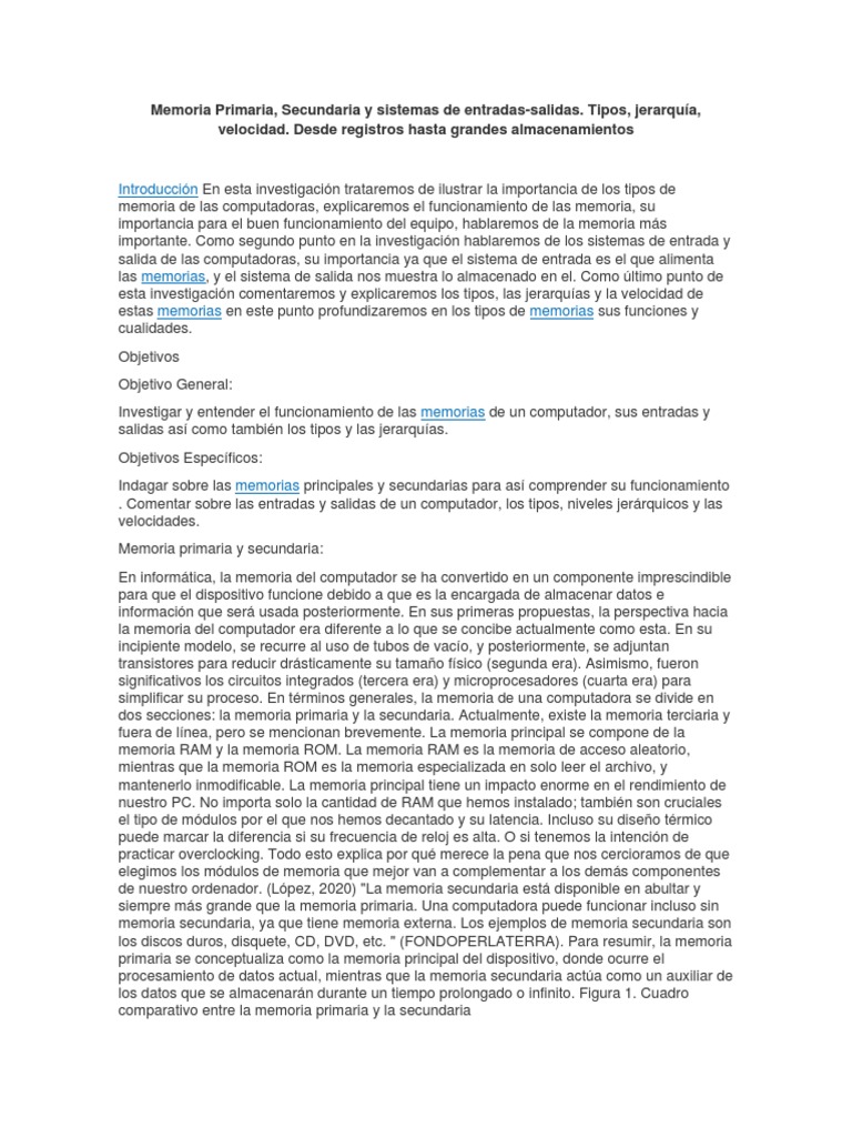 Memoria Primaria, Secundaria y Sistemas de Entradas-Salidas. Tipos ...