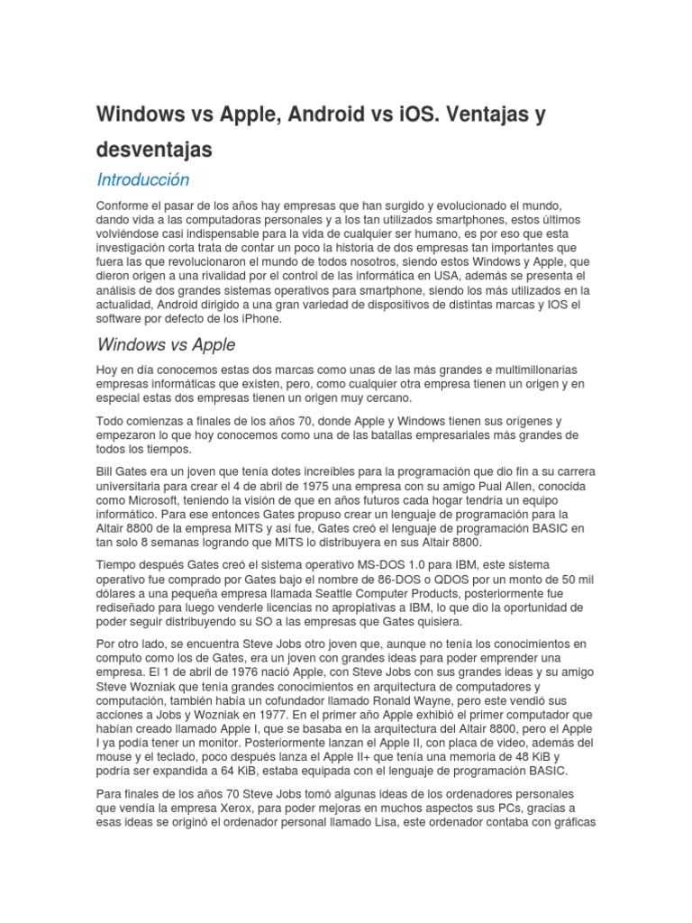 Windows Vs Apple, Android Vs iOS. Ventajas y Desventajas | PDF ...