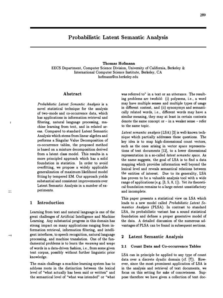 Probabilistic Latent Semantic Analysis: Thomas Hofmann | PDF | Applied Mathematics | Cognitive ...