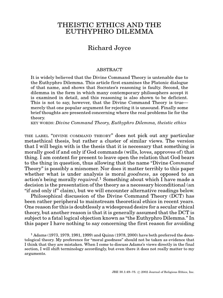 Theistic Ethics and The Euthyphro Dilemma: Richard Joyce | PDF | Divine ...