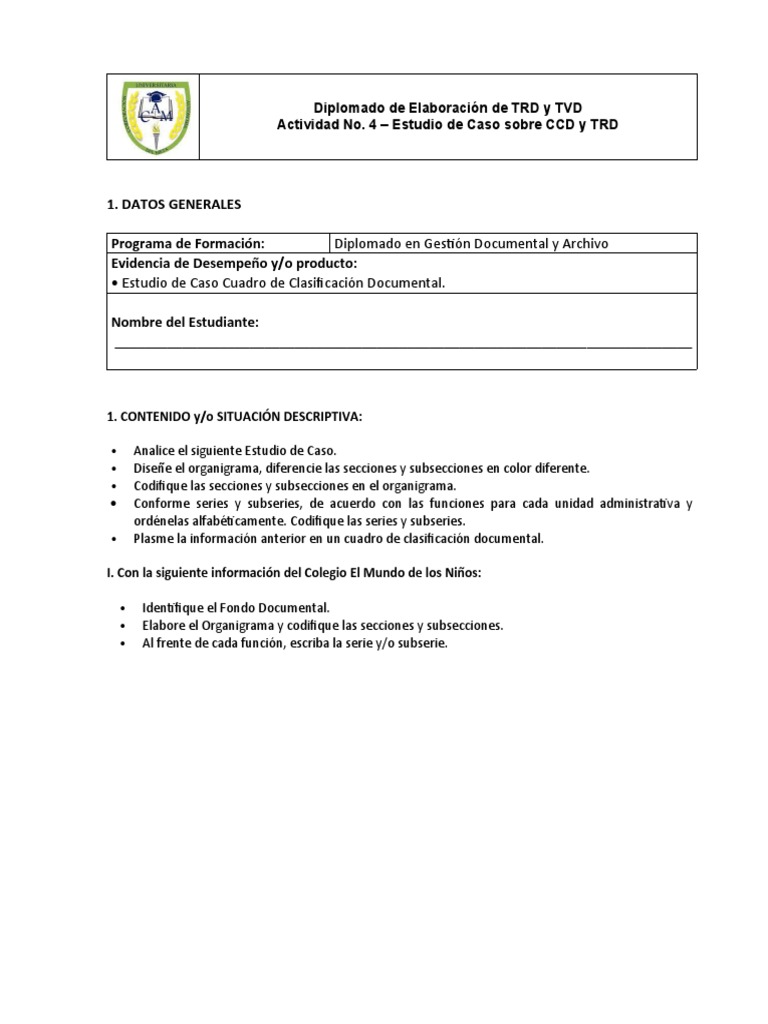Actividad No. 4 - Estudio de Caso CCD y TRD | PDF | Contabilidad | Servicios financieros
