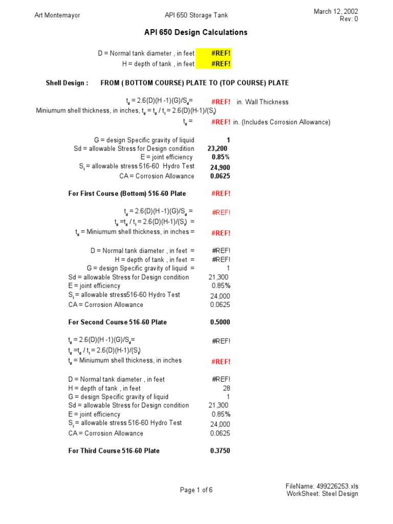 API 650 Design Calculations: #REF! #REF! Shell Design: From (Bottom ...