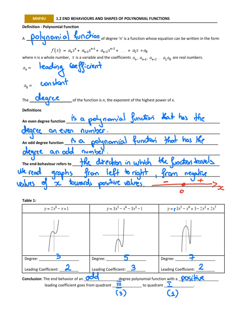 1.02 End Behaviour of Polynomial Functions (FILLED IN) PDF | PDF ...