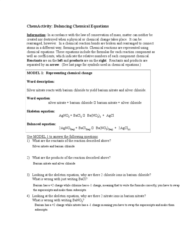 2020 Balancing Reactions ChemActivity | PDF | Unit Processes | Chemistry