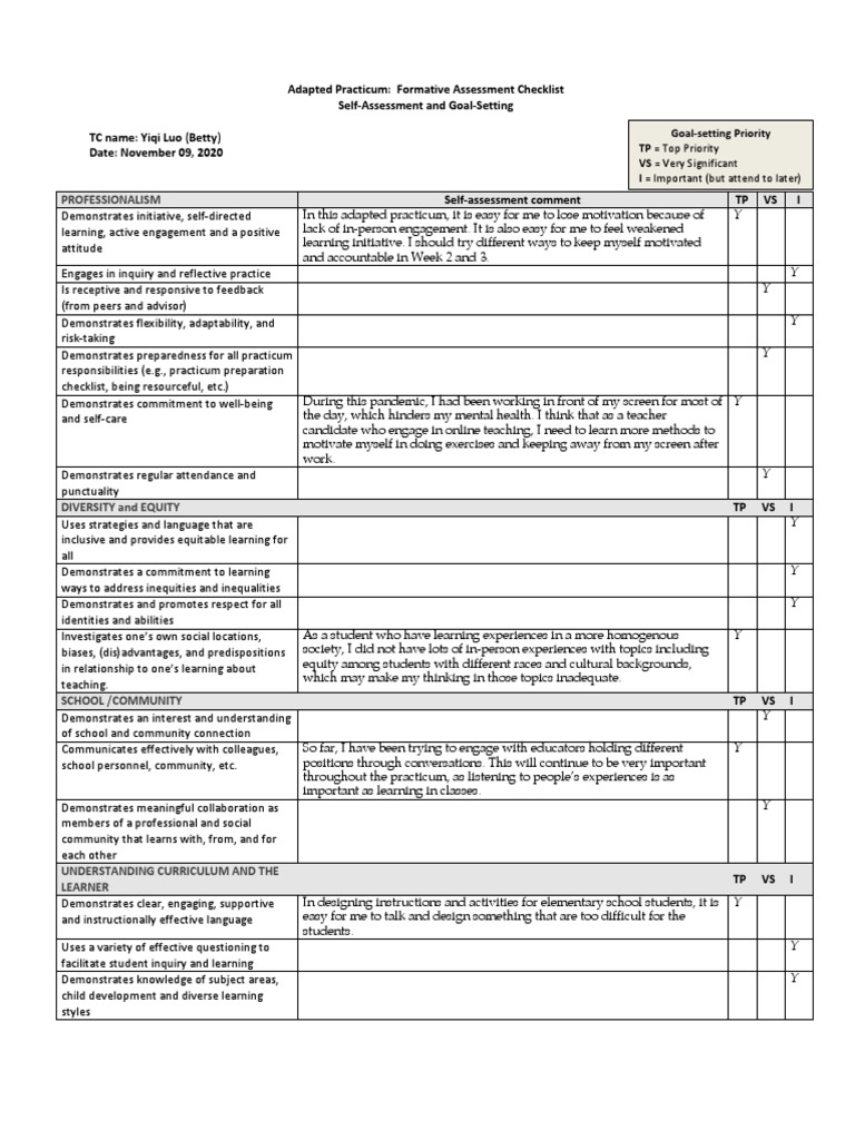 Yiqi Luo Formative Adapted Practicum Self Assessment | PDF | Goal ...