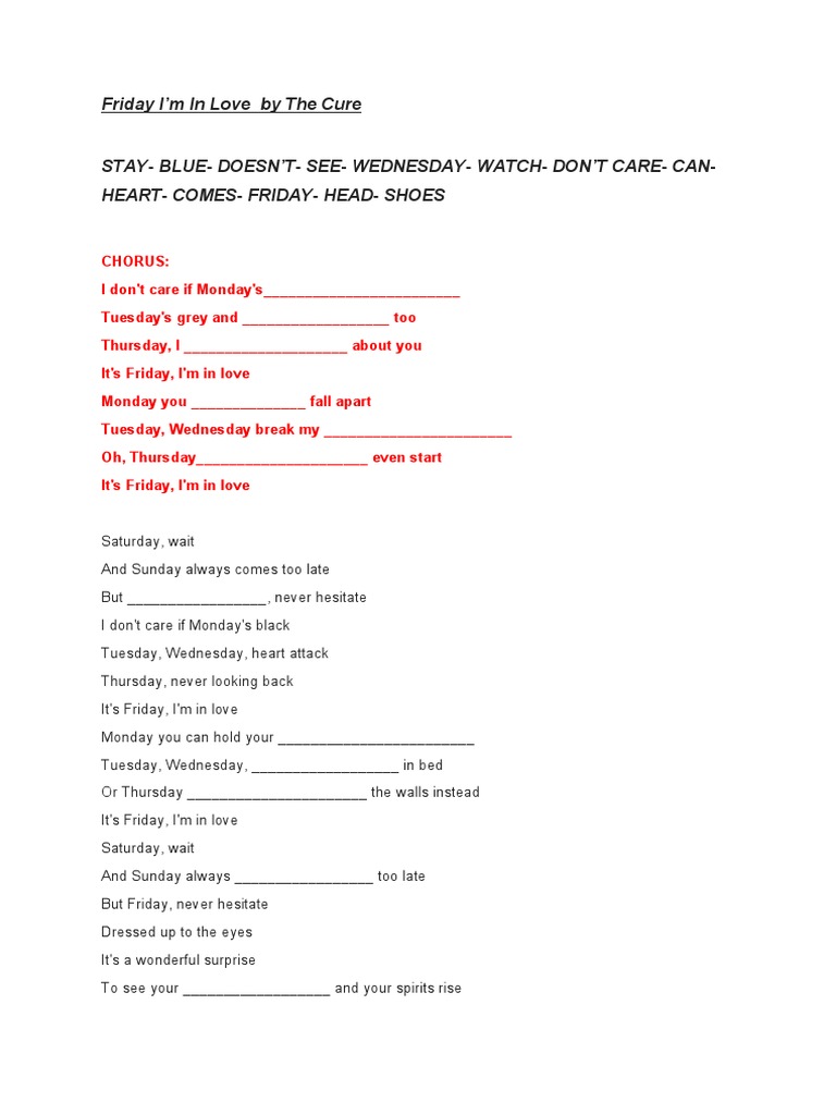 Song FRIDAY I'M IN LOVE | PDF