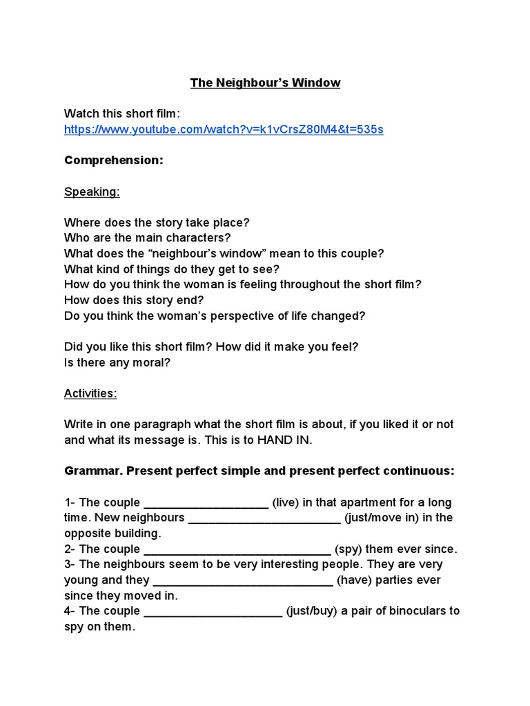 The Neighbour's Window Short Film Analysis | PDF | Games & Activities