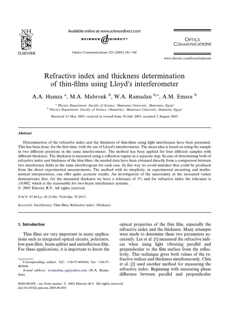 Refractive Index and Thickness Determination of Thin-Films Using ...