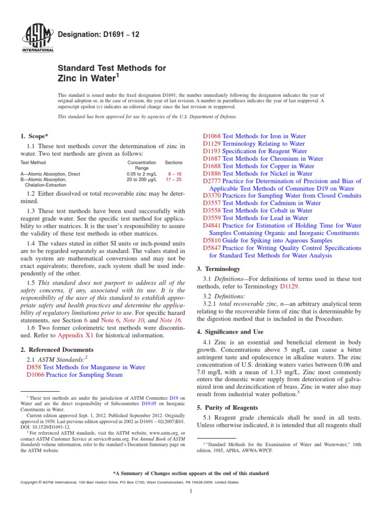 D1691-12 Standard Test Methods For Zinc in Water PDF | PDF | Nitric ...