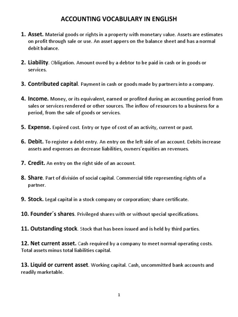 ACCOUNTING VOCABULARY IN ENGLISH - Estudiante | PDF | Debits And ...