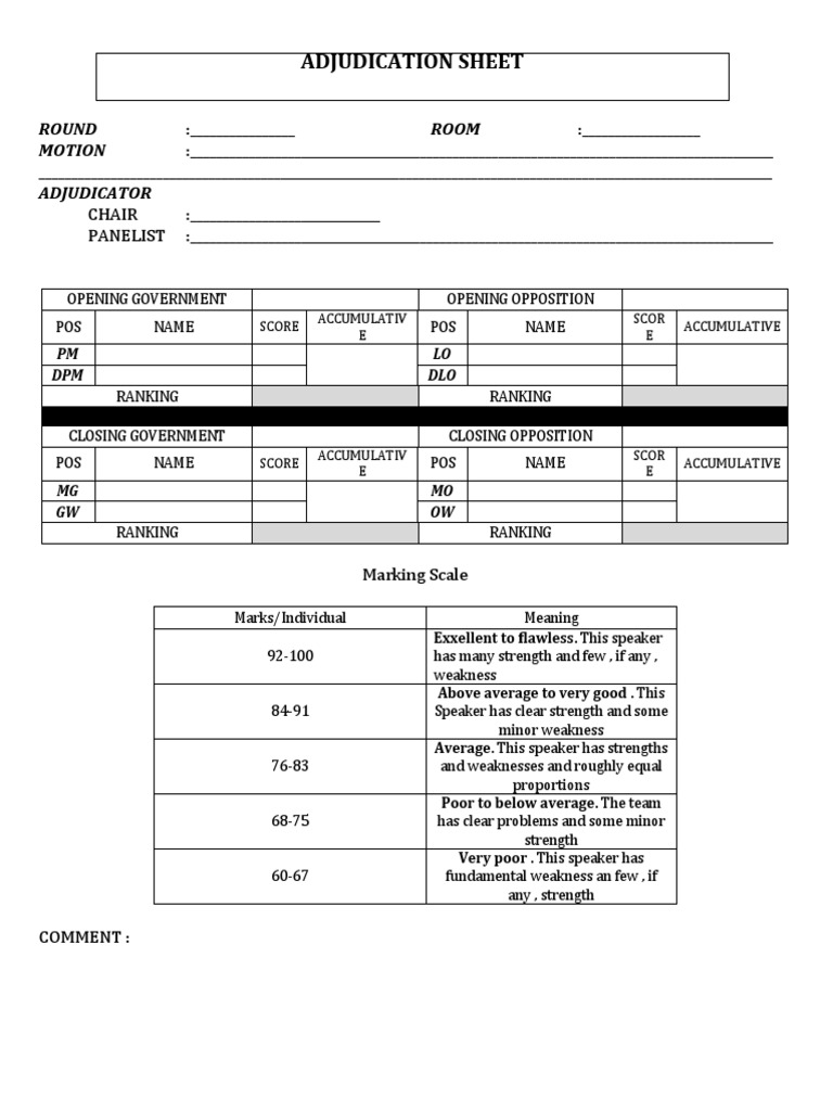 Debate Adjudication Score Sheet | PDF | Public Sphere | Communication