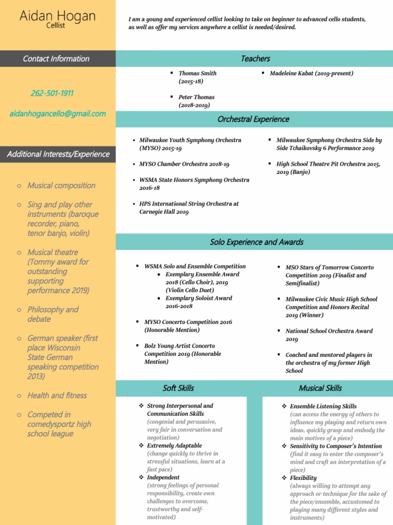 Aidan Hogan Revised and Updated Cello Resume | PDF | Orchestras | Cello