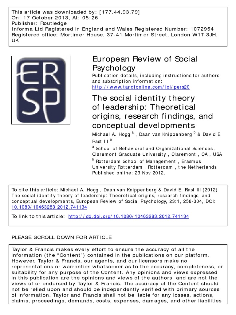 The Social Identity Theory of Leadership: Theoretical Origins, Research ...